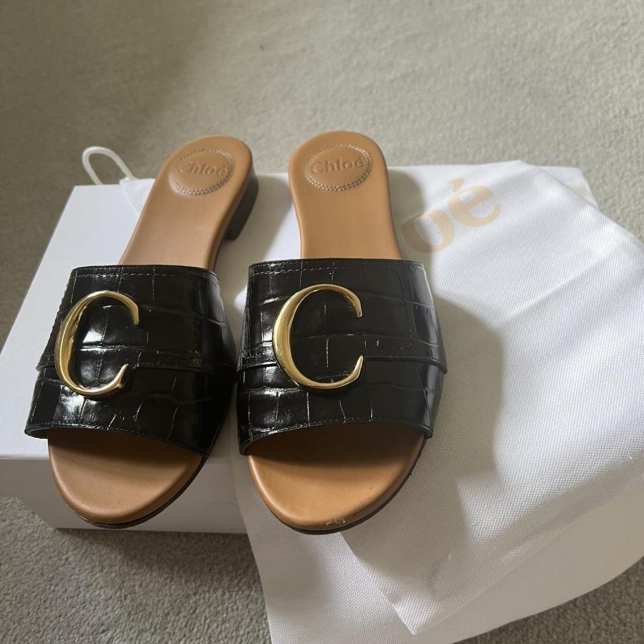 Chloe Sandals in black with gold C buckles. Size 4.5... - Depop
