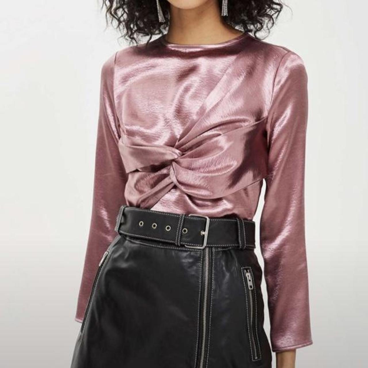 Topshop pink metallic twist front satin top. Worn a... - Depop