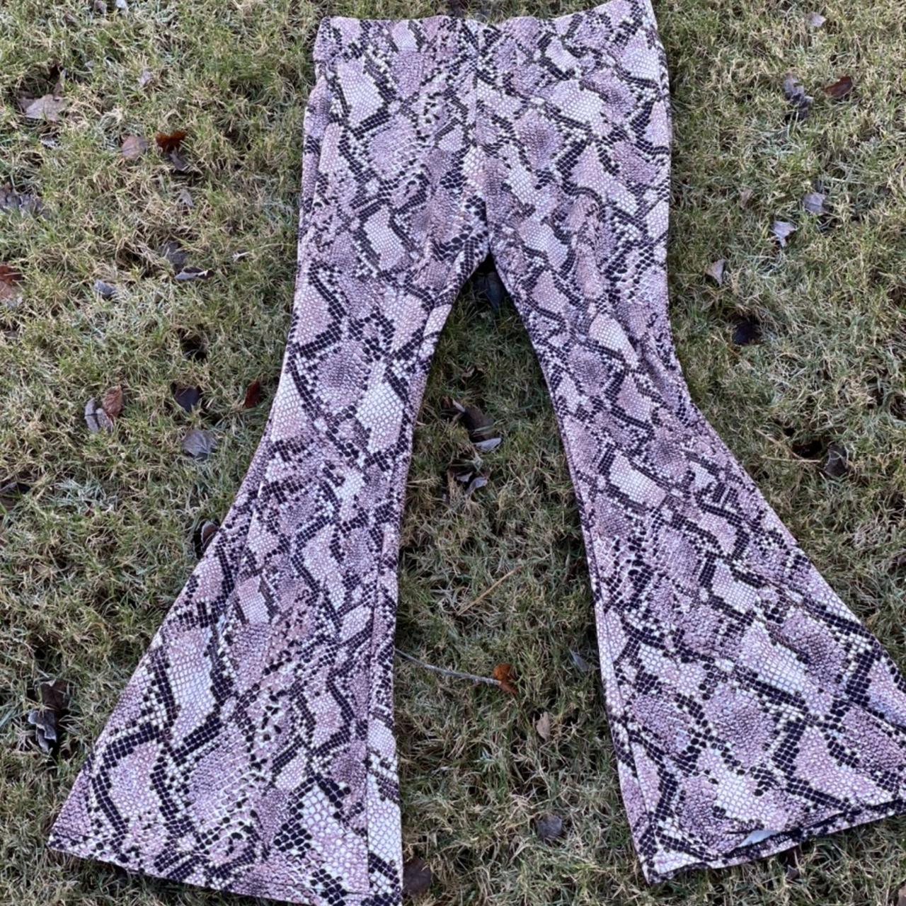 Tan white black cream brown snake skin bell bottom... - Depop