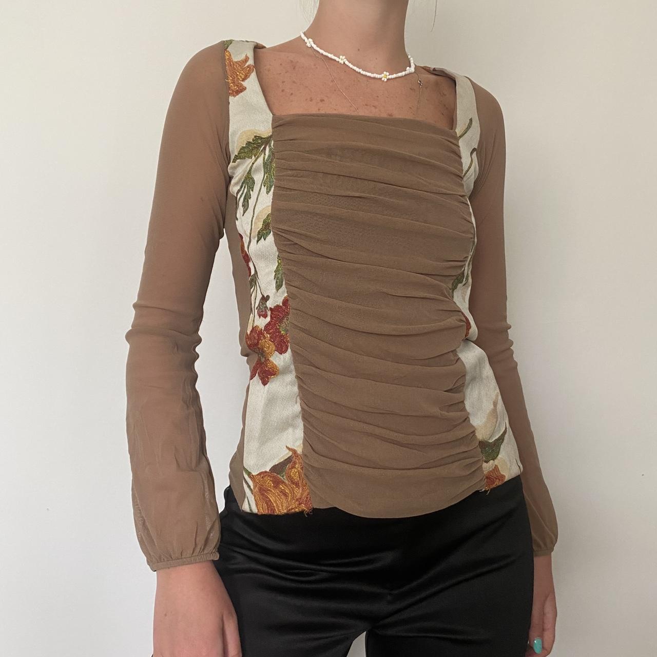 Tan long sleeve floral mesh top graphic patchwork... - Depop
