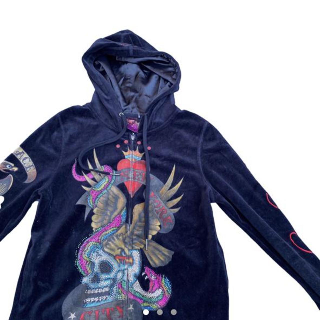 rhinestone ed hardy zip up hoodie first class next... - Depop