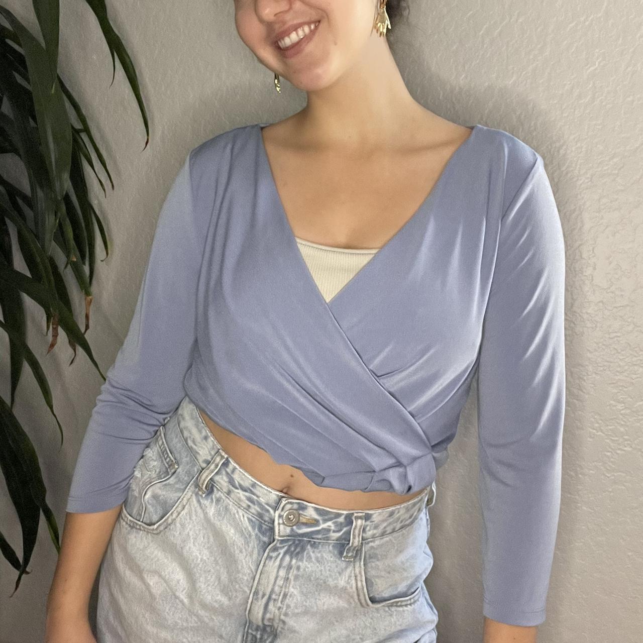Casual periwinkle wrap shirt, long sleeves, v cut,... - Depop