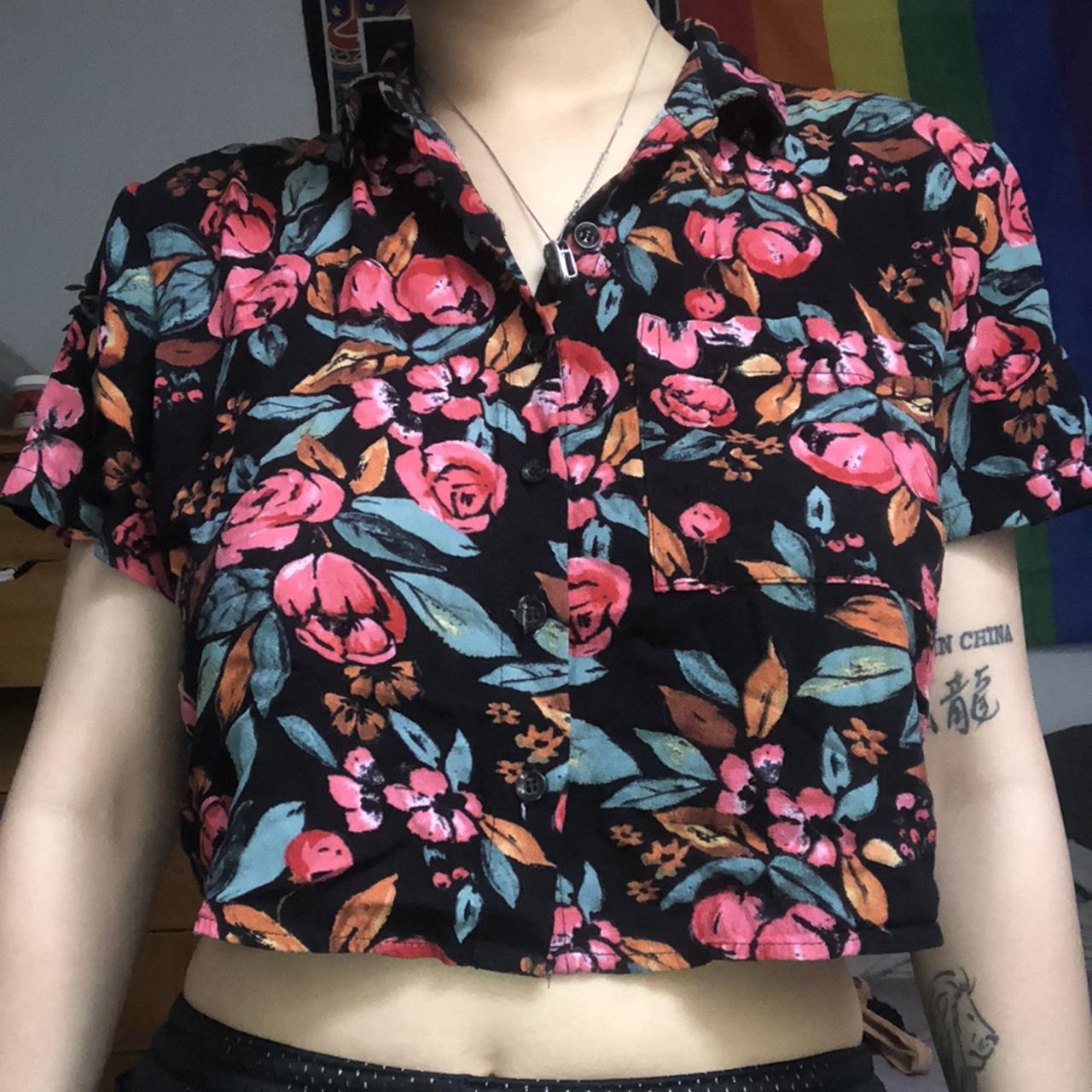 F21 Black Button Down Crop Top W Coral Pink Roses And Depop