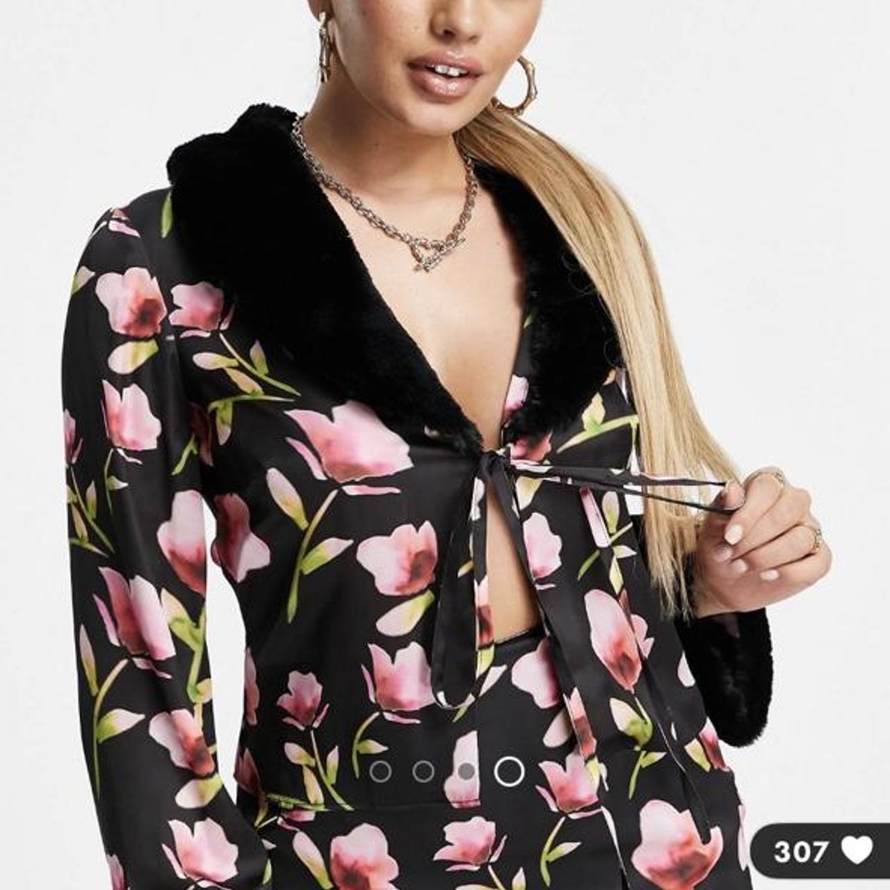 Asos design satin blouse floral print with fur trim.... - Depop