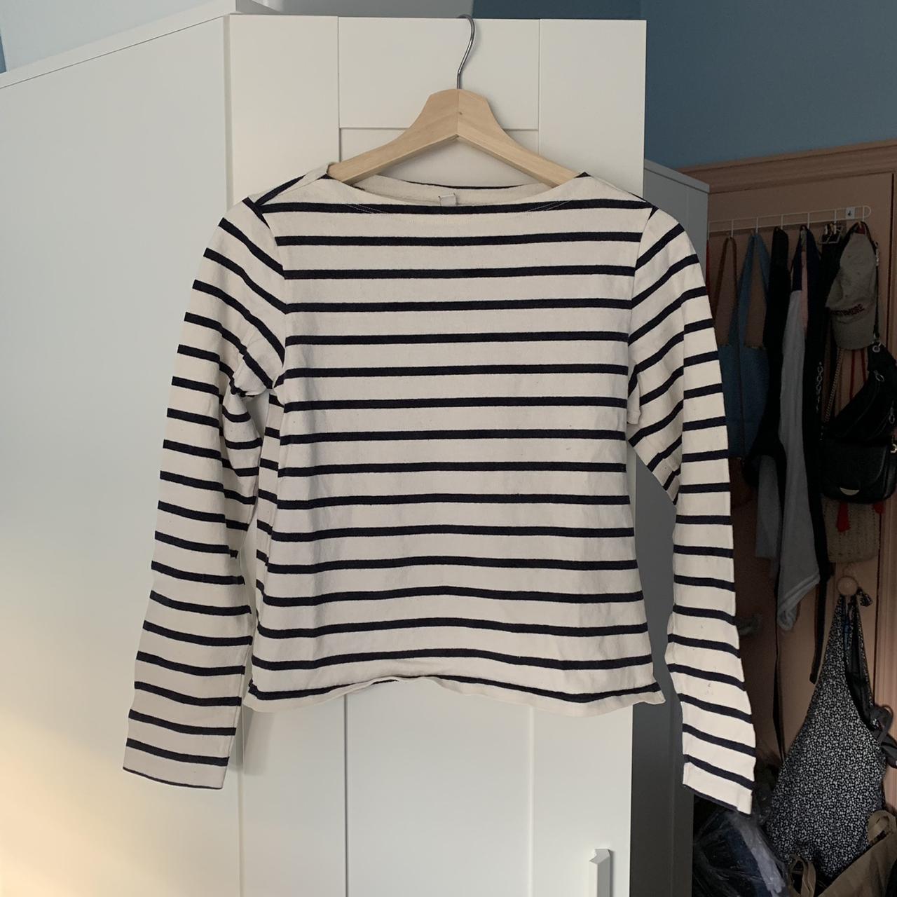 Uniqlo white and dark navy striped boat neck long... - Depop