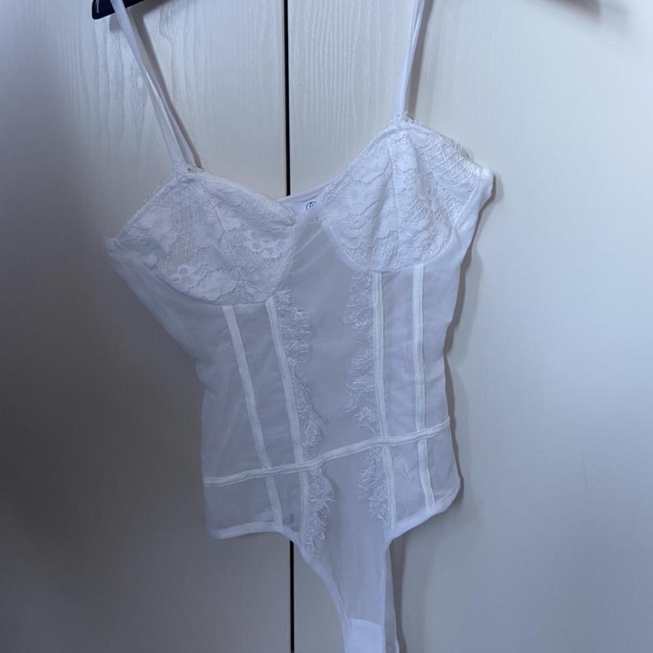 SHEER MESH WHITE BODYSUIT WITH LACE DETAILING Sheer... - Depop