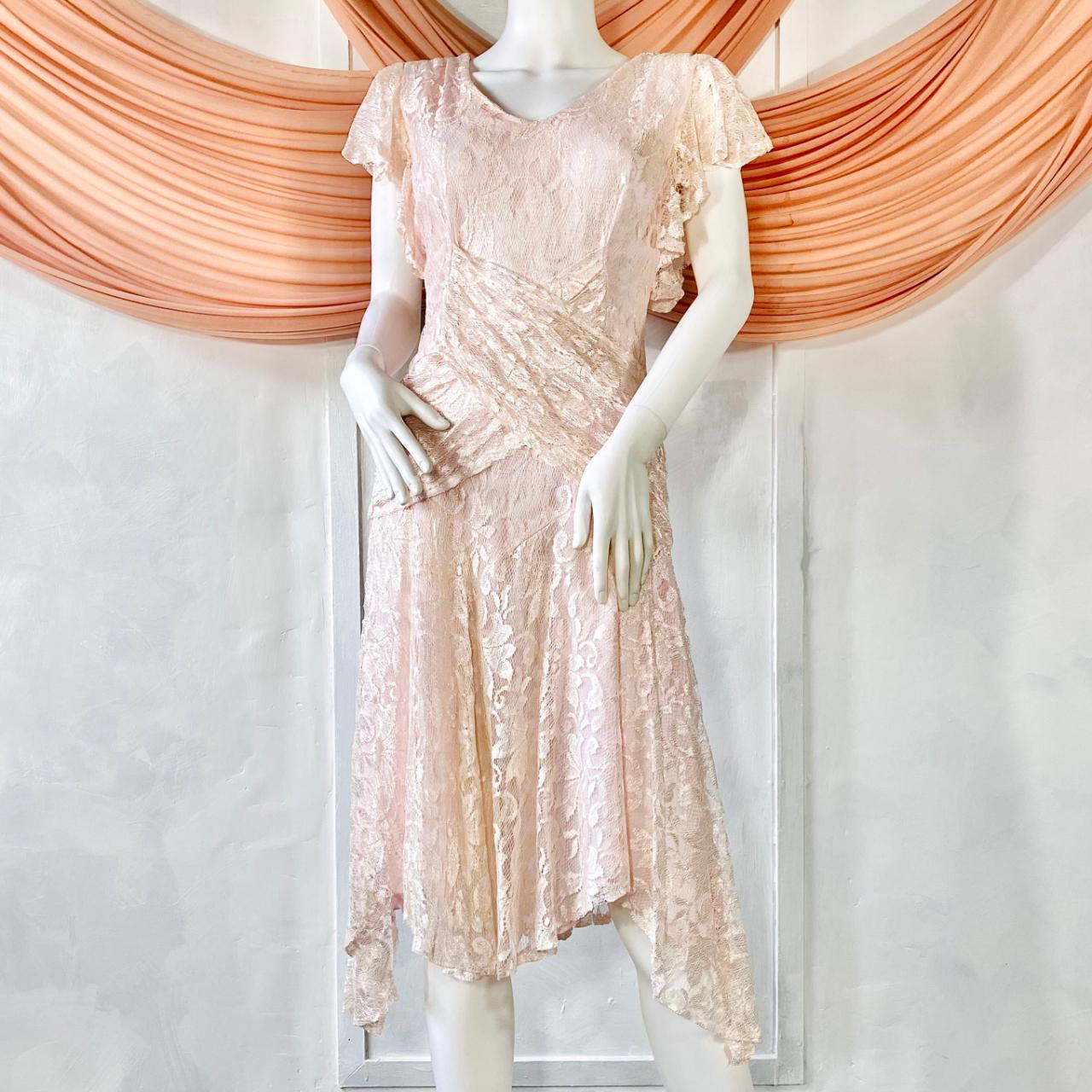 Romantic 1980's dress with pastel pink lace overlay... - Depop