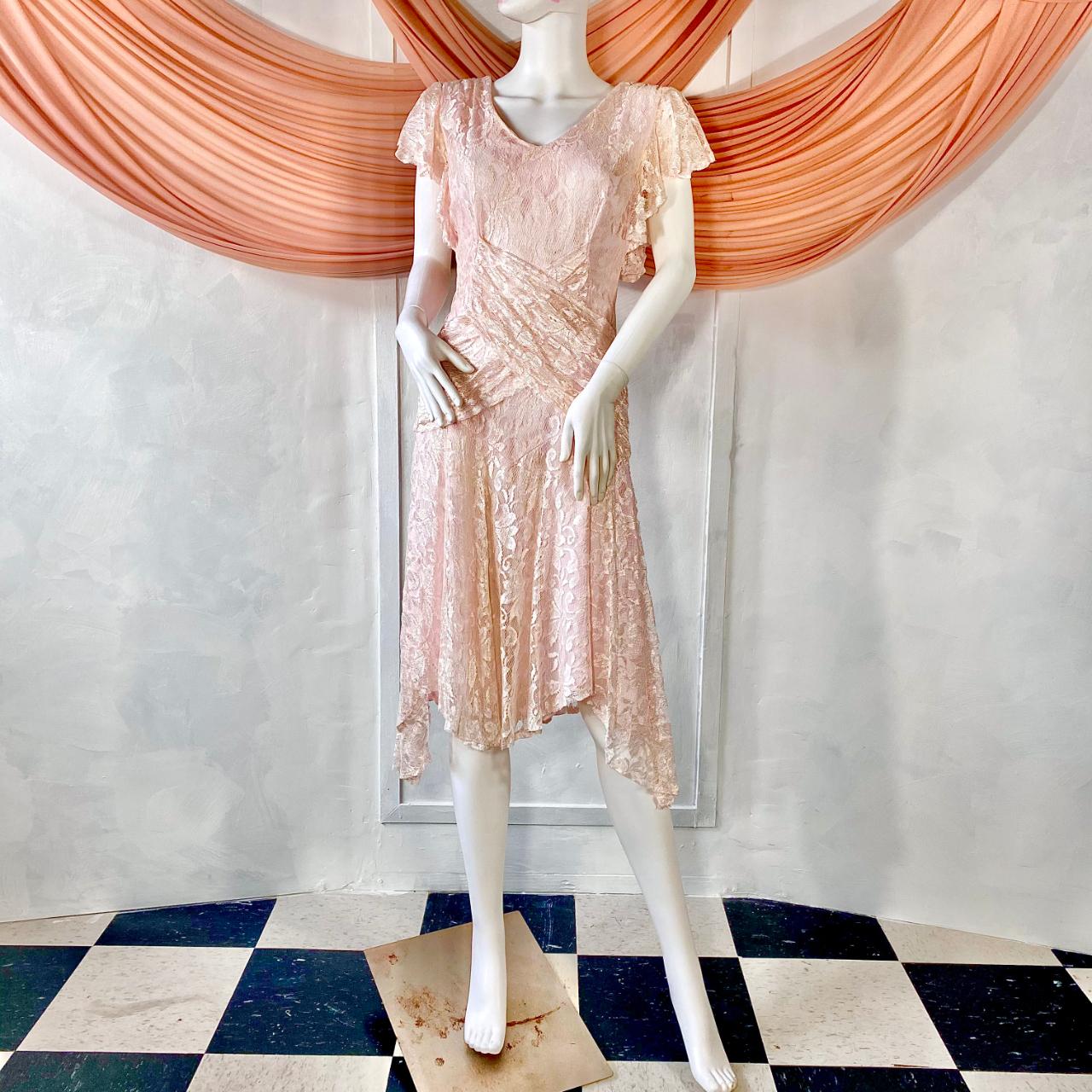 Romantic 1980's dress with pastel pink lace overlay... - Depop