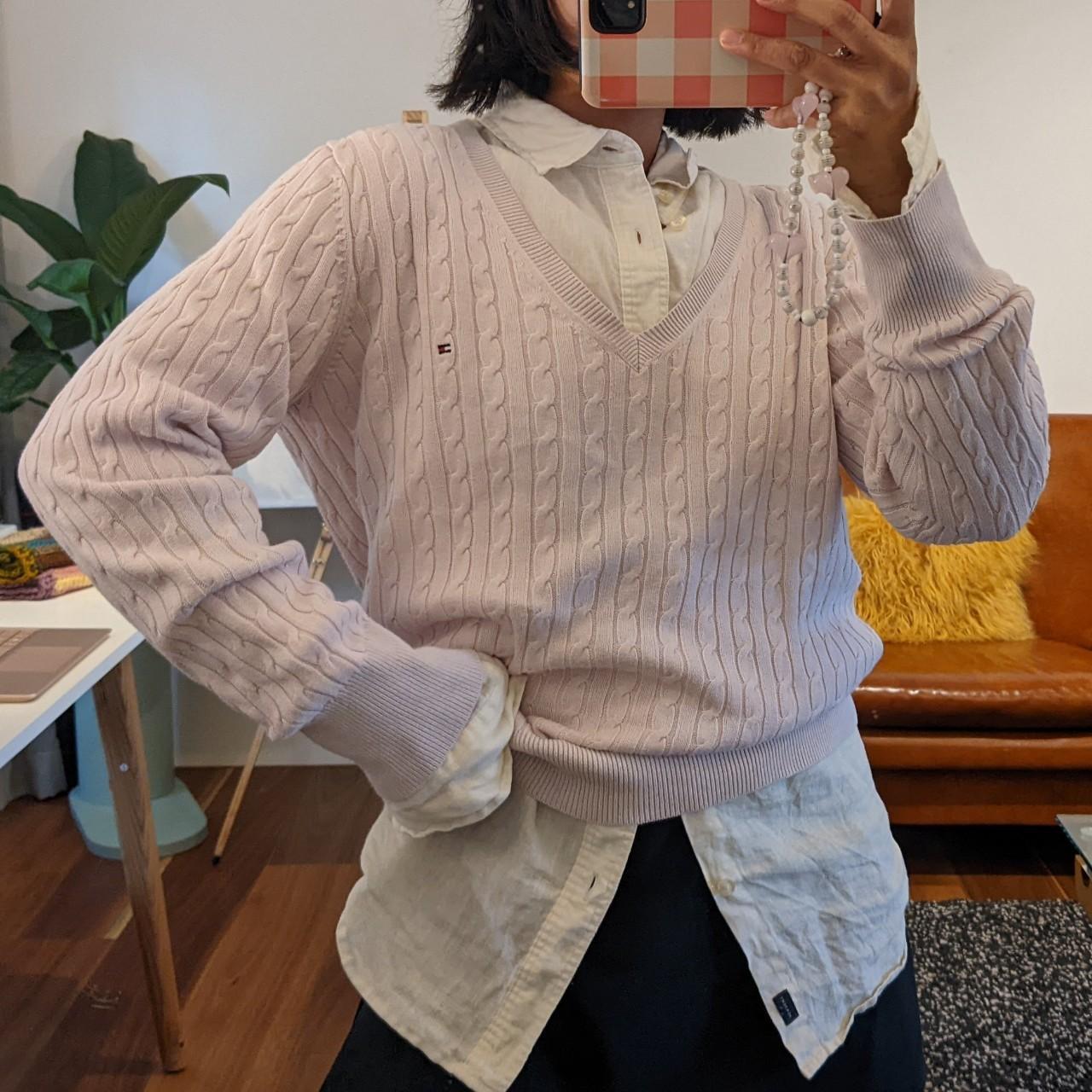 Tommy Hilfiger Pastel Pink Cable Knit V Neck Depop