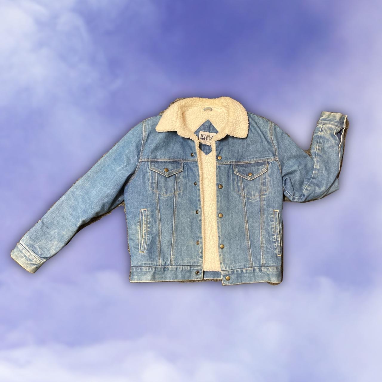 Unisex denim sherpa-lined snap button jacket //... - Depop