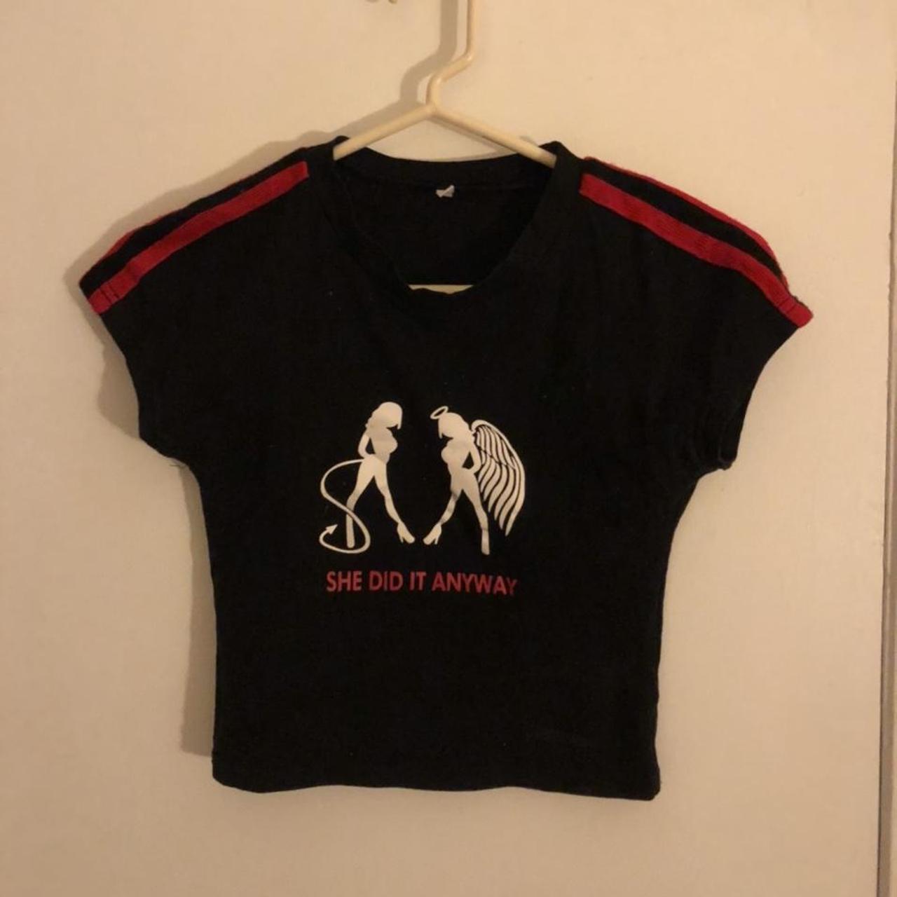 Angel / devil baby tee “She did it anyway”... - Depop