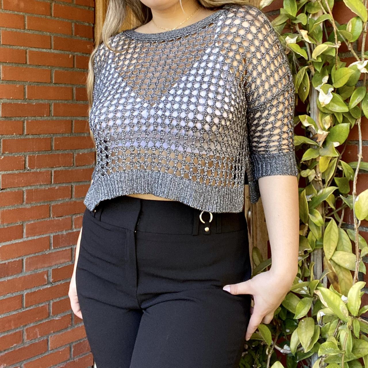 metallic cropped fishnet sweater by Express big... - Depop