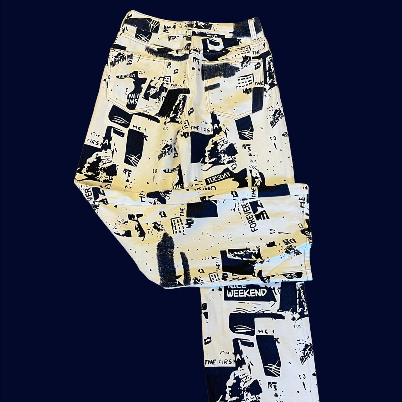 SHEIN cream and navy design straight leg jeans. High... - Depop