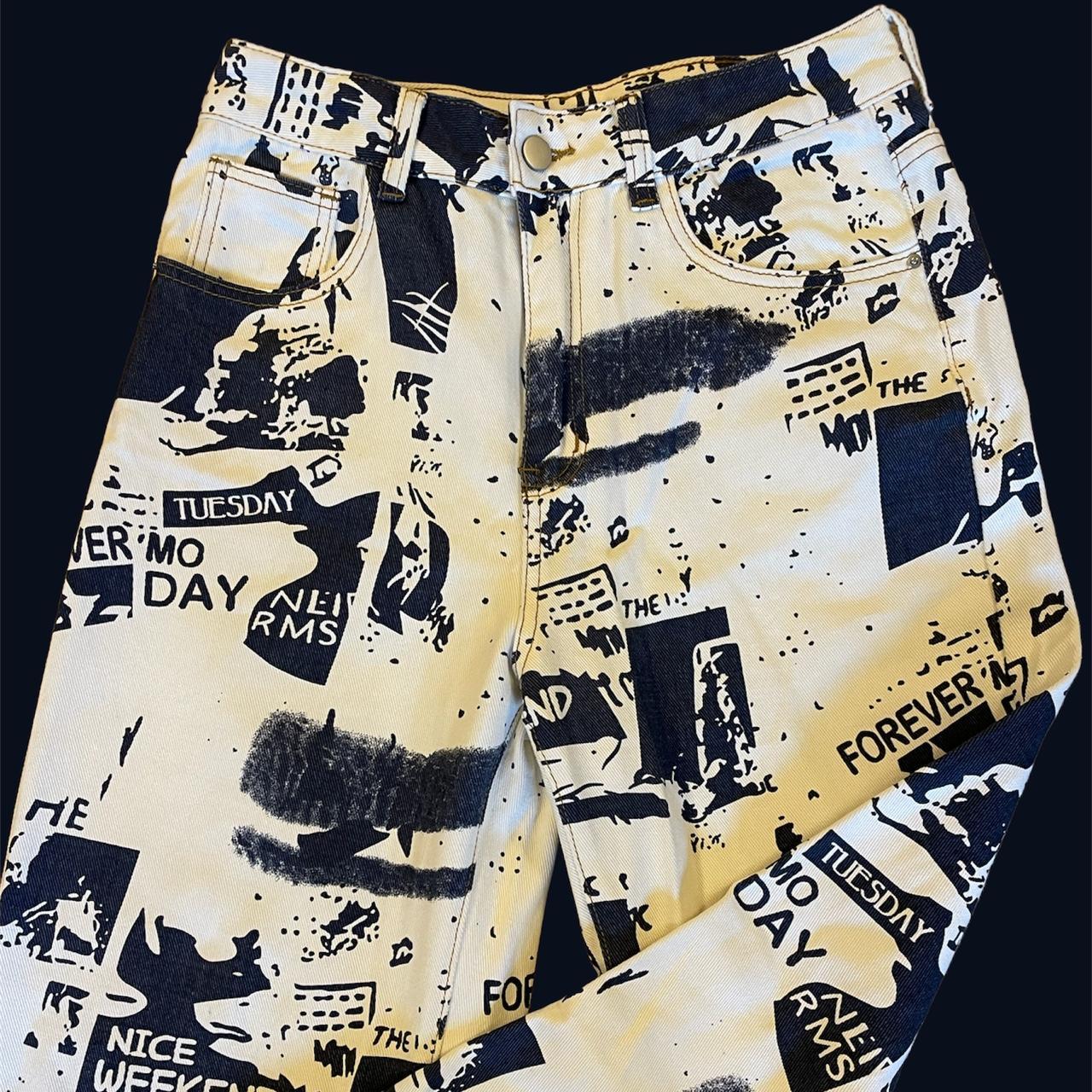 SHEIN cream and navy design straight leg jeans. High... - Depop