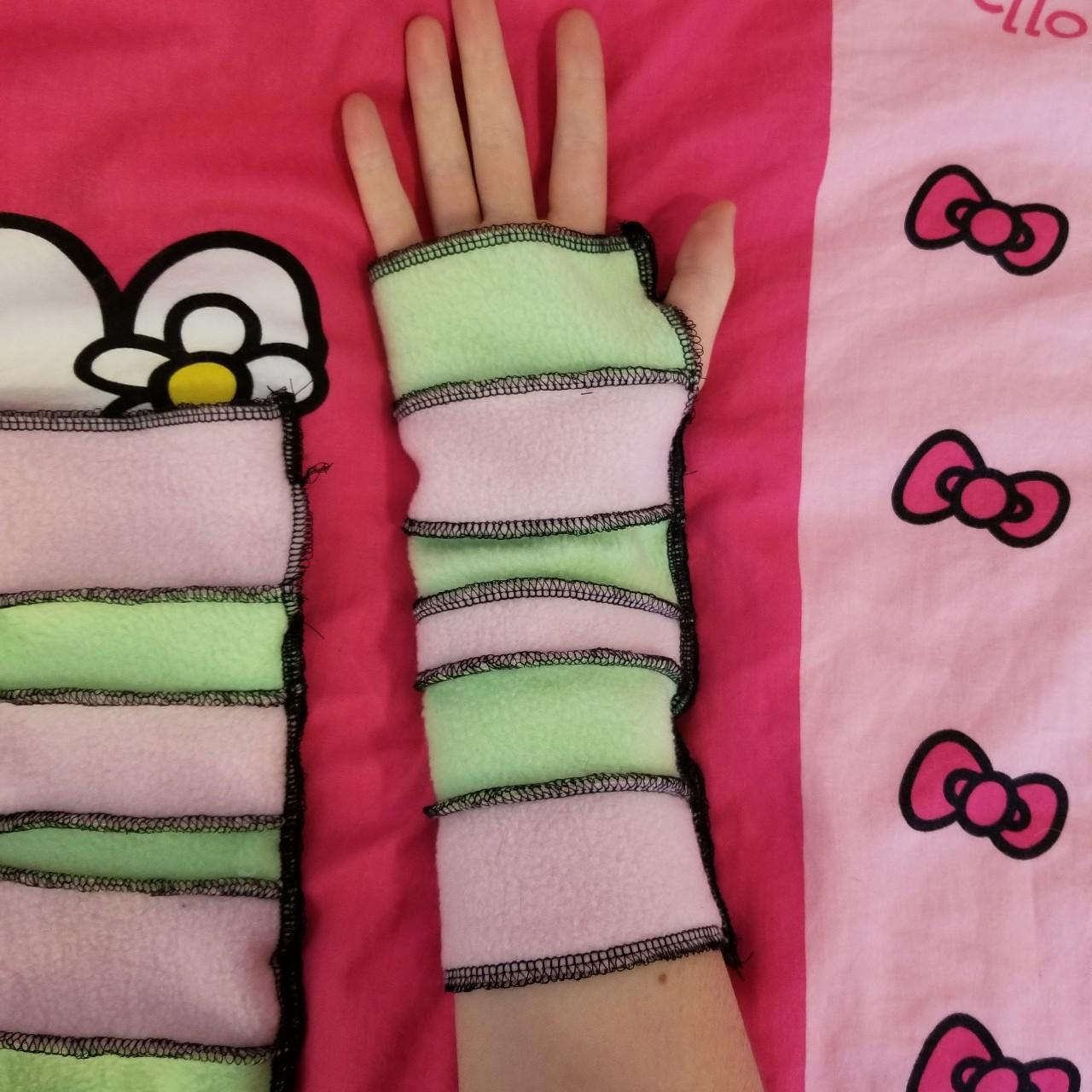 Handmade fleece hand warmers Light pink and green... - Depop
