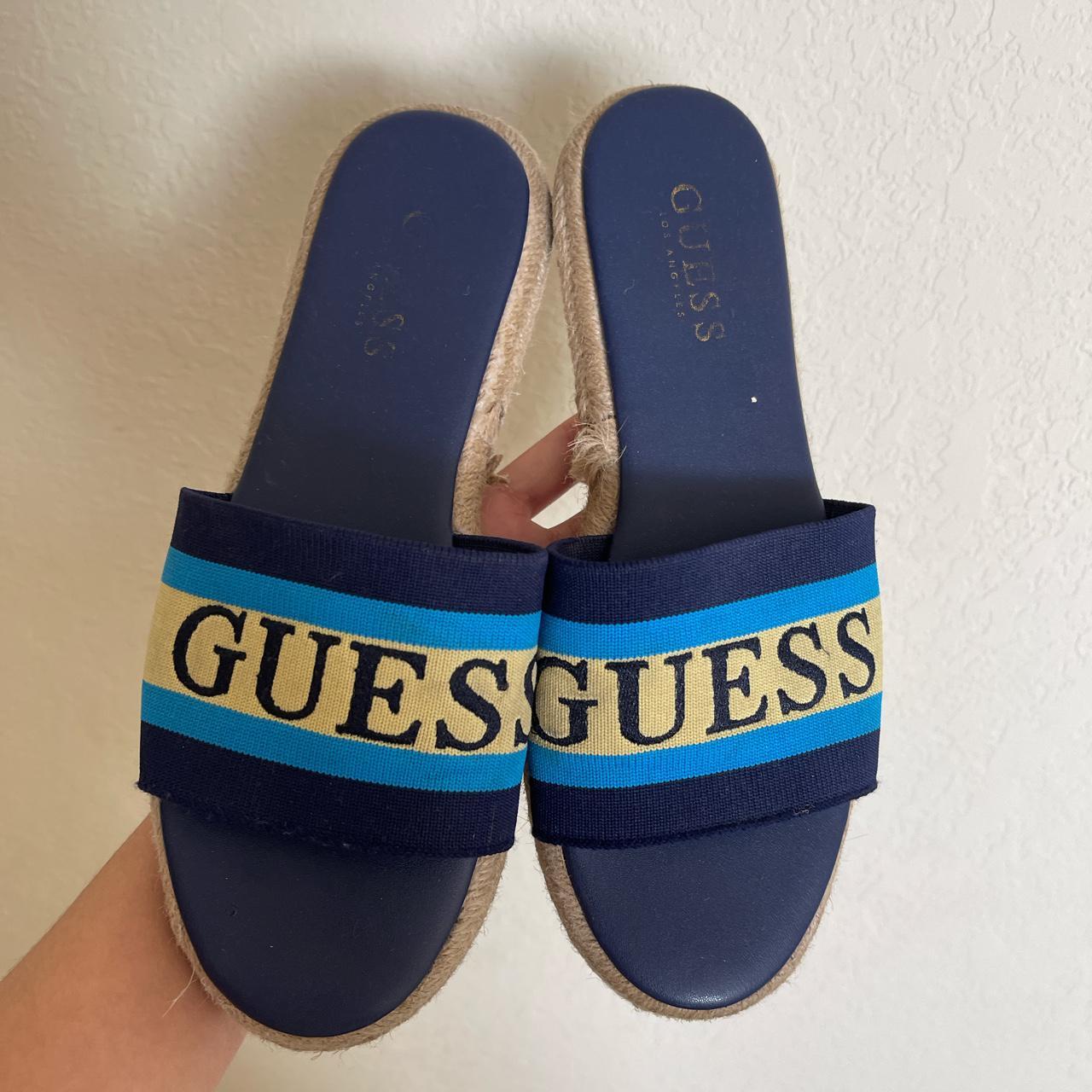 Guess Women's Blue and Yellow Slides | Depop
