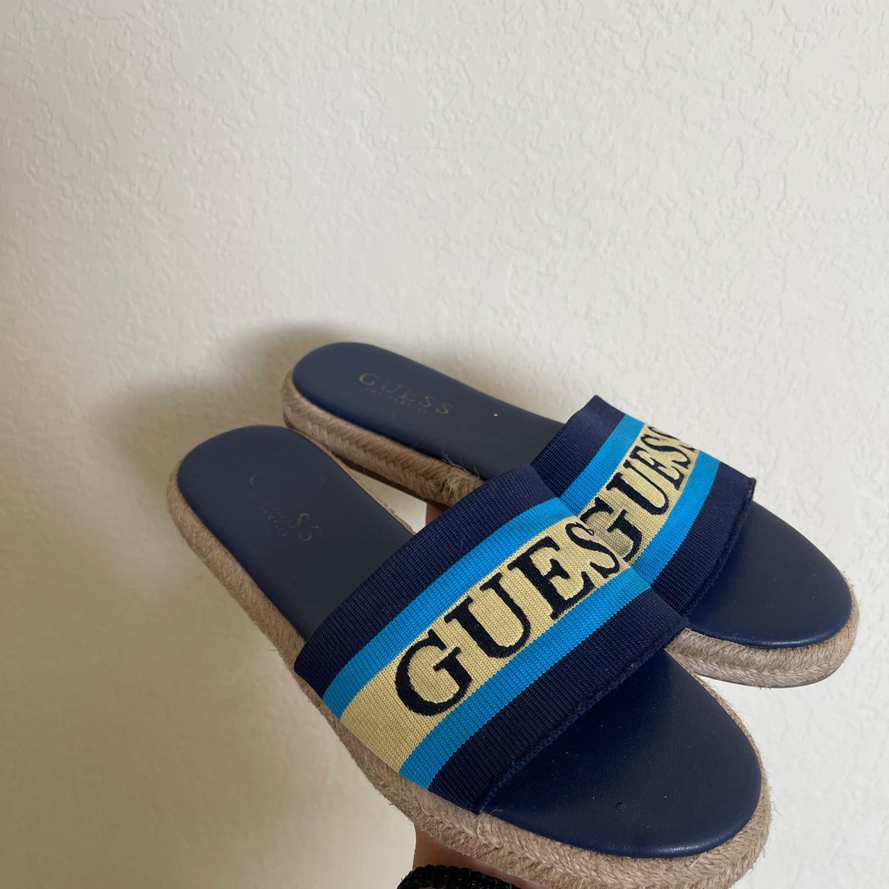 Guess Women's Blue and Yellow Slides | Depop