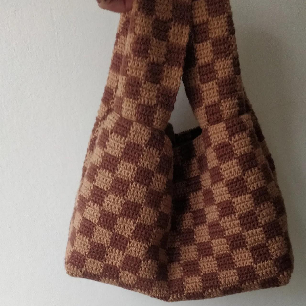 Brown checked crochet bag, handmade and made with... - Depop