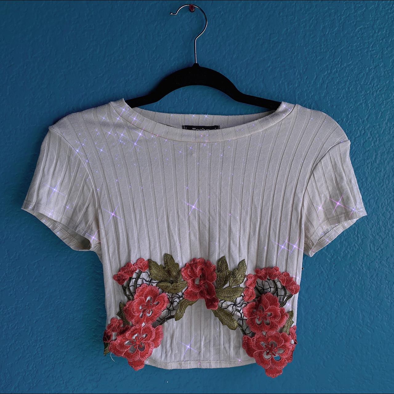 White Floral Crop Top 🍑US M 🍑Embroidered Flower... - Depop