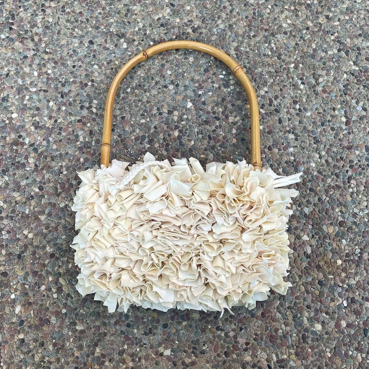 Woven frilly knot fabric and bamboo handle bag... - Depop
