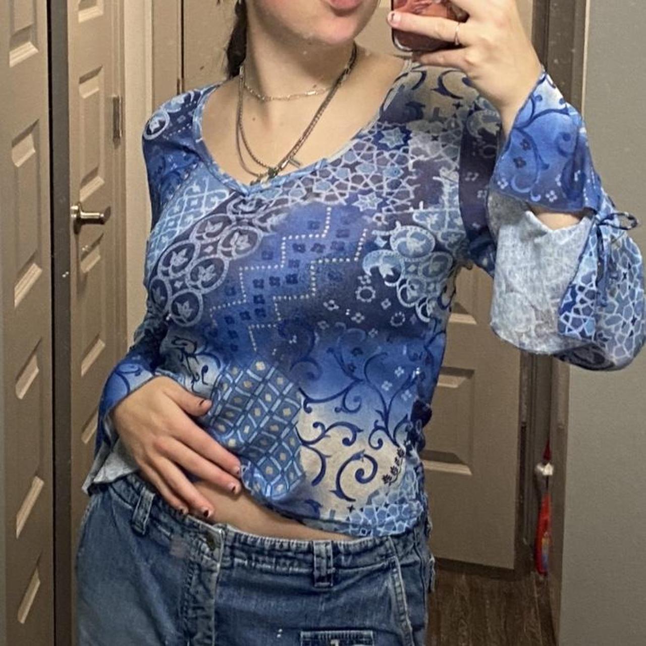 y2k glam lei mesh patterned long sleeve top by... - Depop