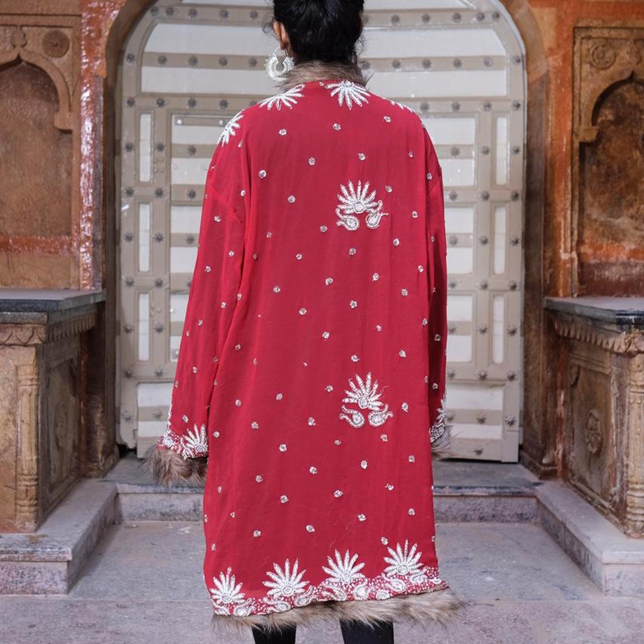 Red silk sari afghan coat One-of-a-kind bohemian... - Depop