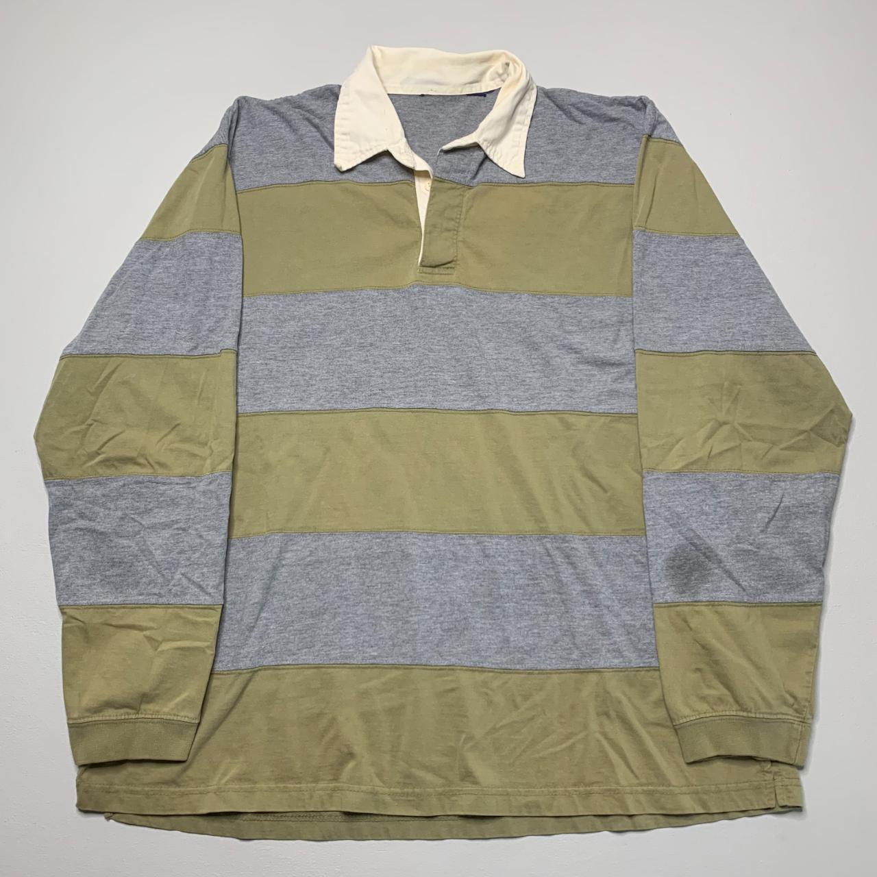 Olive Green and Grey Rugby Polo Long Sleeve Striped... - Depop