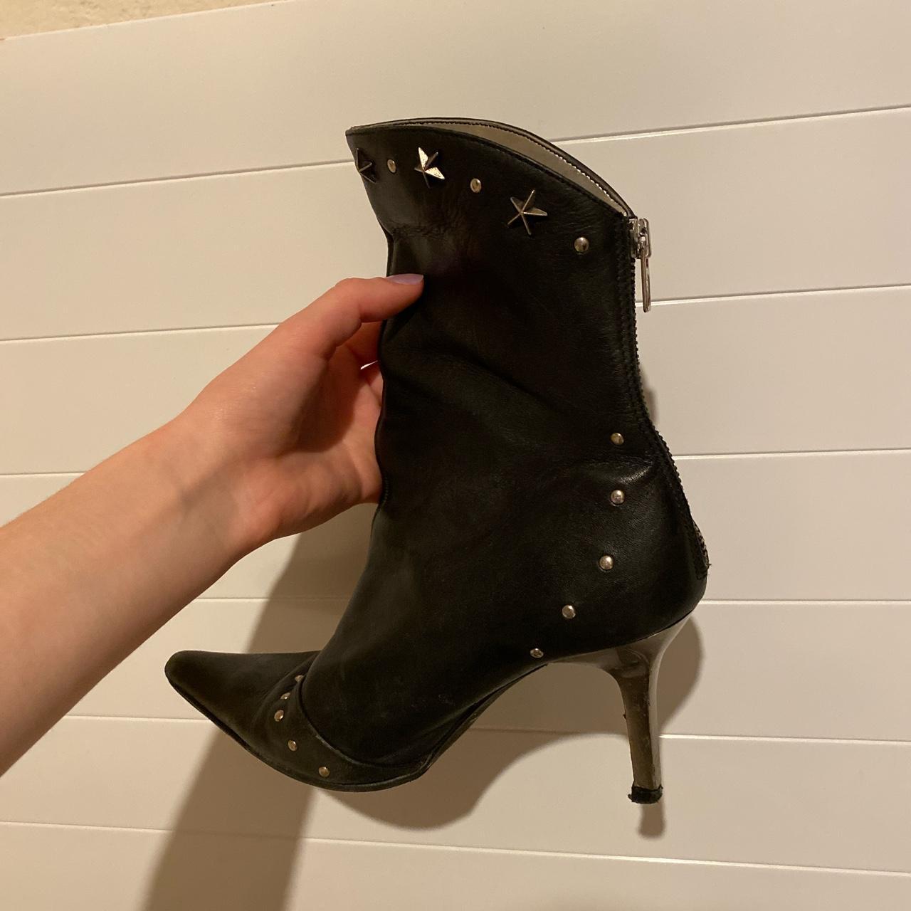 y2k black studded pointy leather/stiletto boots //... - Depop