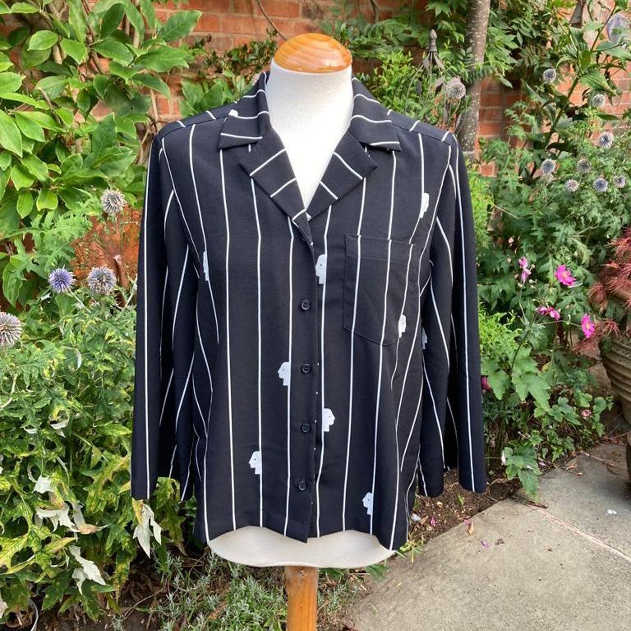 Monki pinstripe shirt with faces. Three-quarter... - Depop