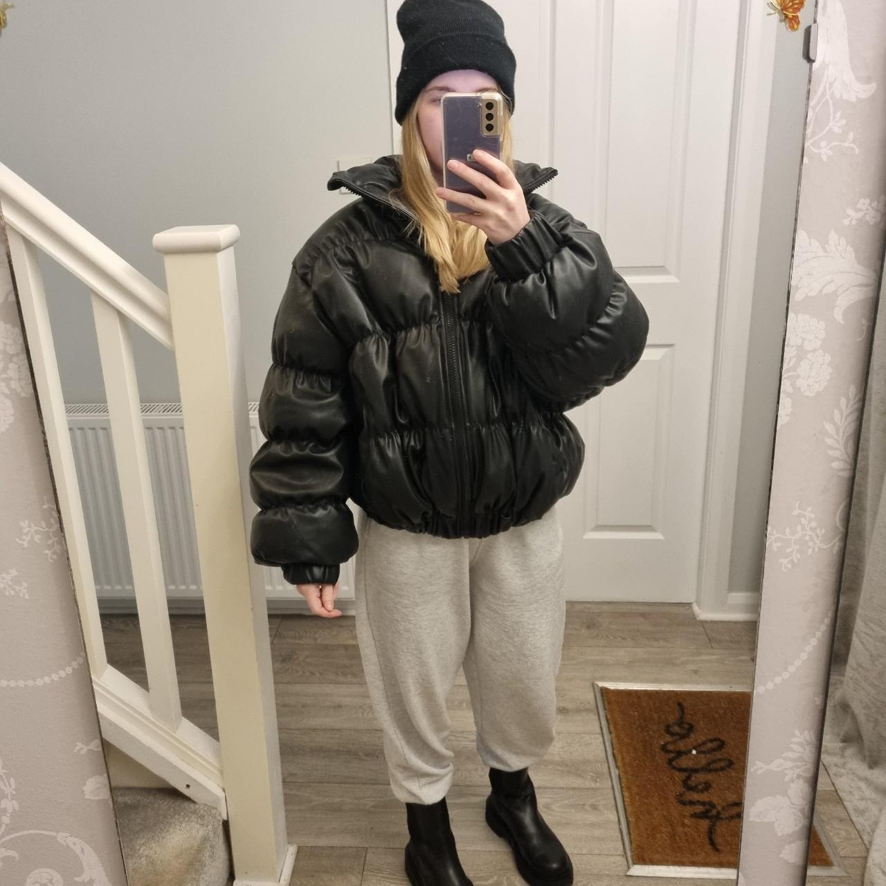 Missguided faux leather ruched statement puffer... - Depop