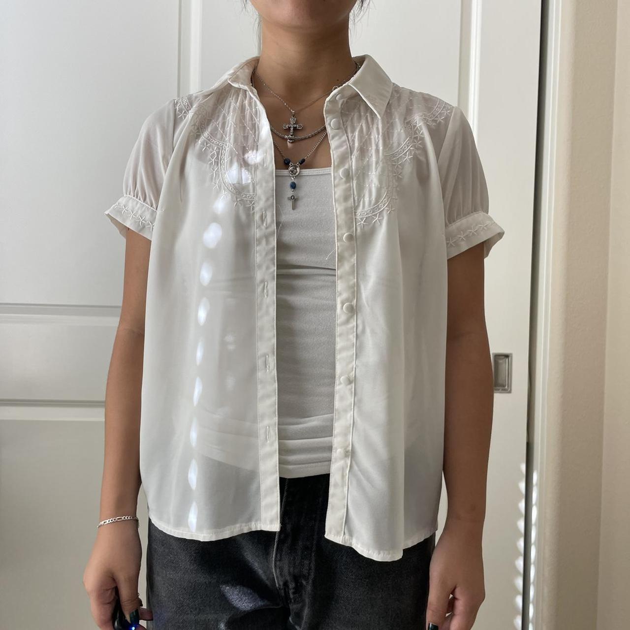sheer white button up top. has unique embroidery... - Depop sheer white button up top. has unique embroidery... - Depop