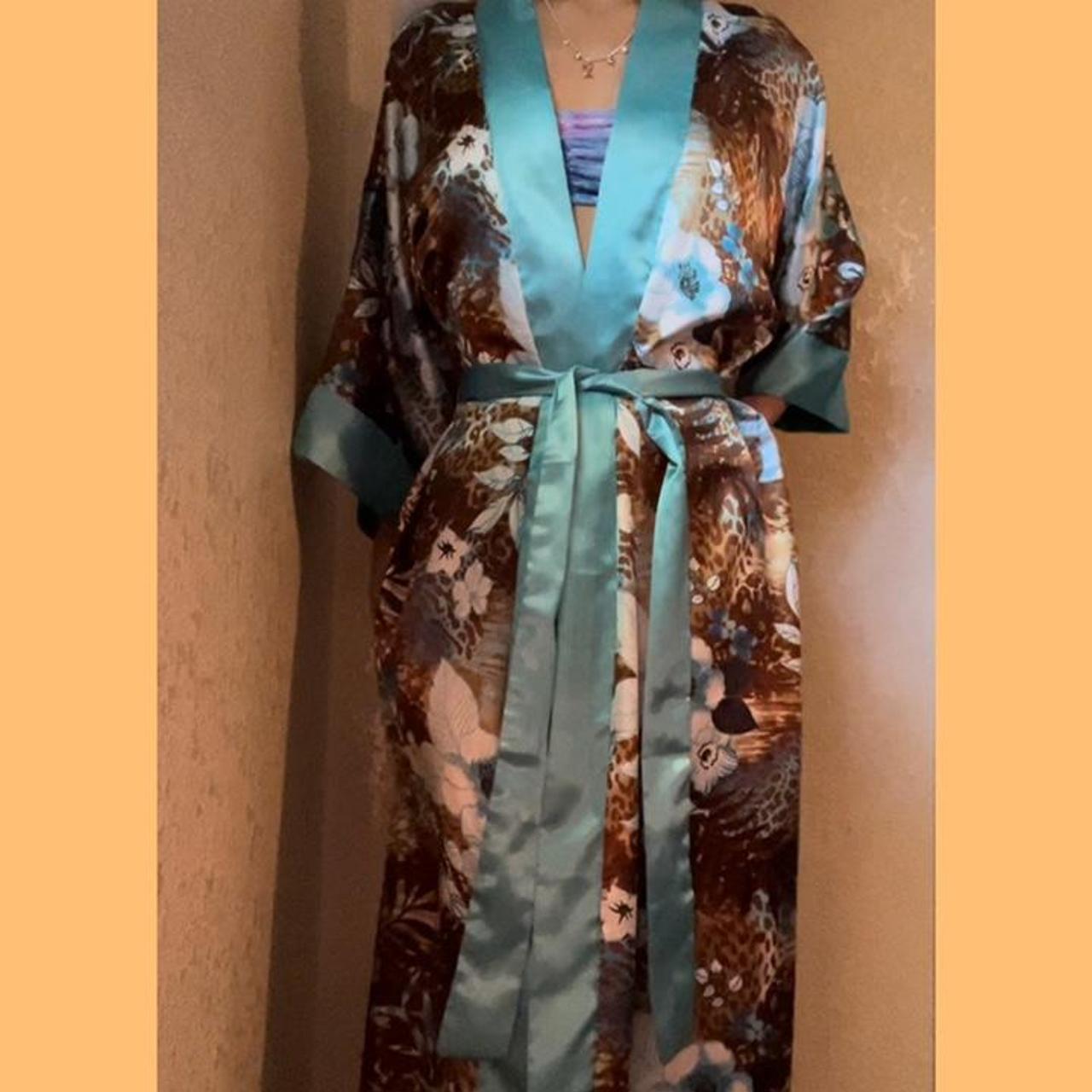 Cheetah print with blue Hawaiian floral robe... - Depop