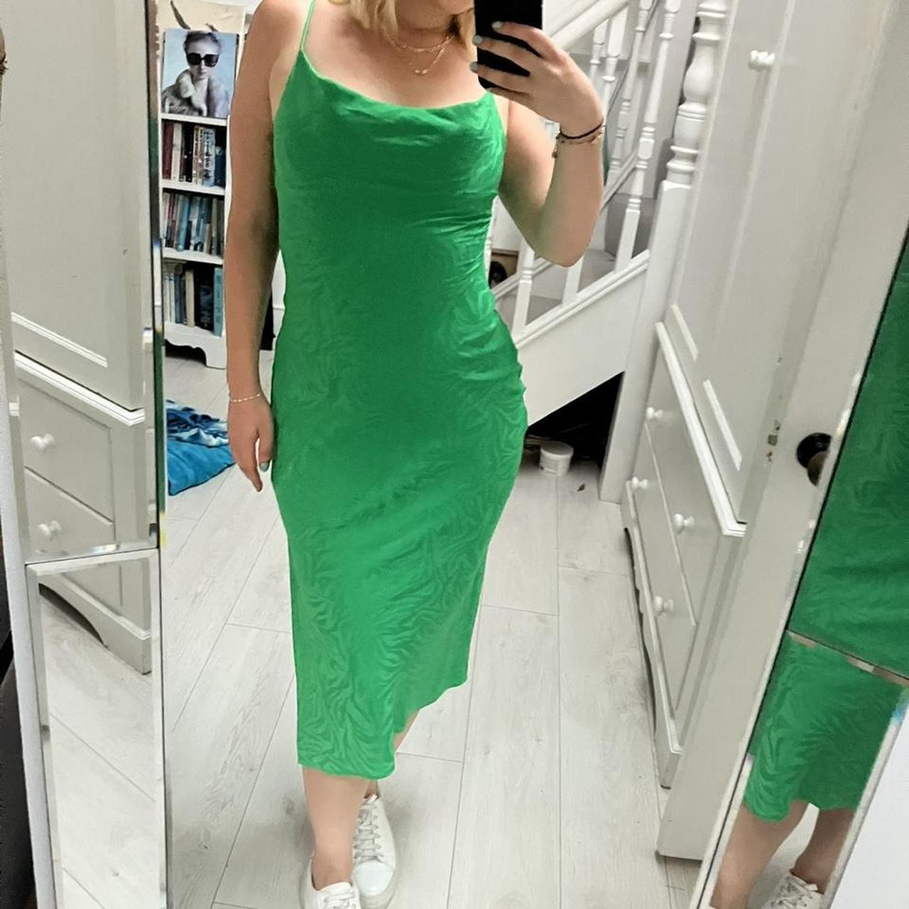 Funky bright green satin silky midi slip dress with... - Depop