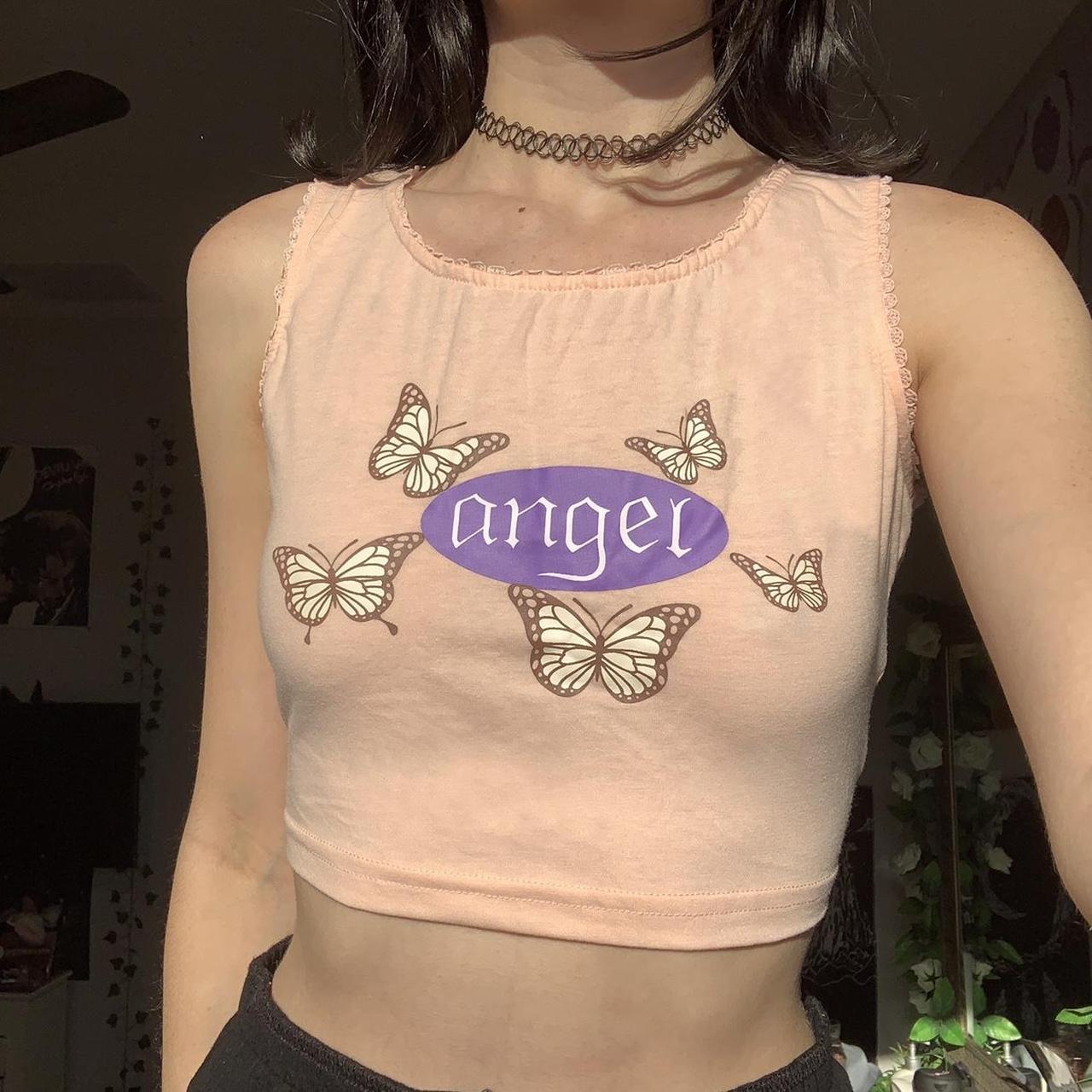 angel butterfly pink lace trim crop top ♡ ☆*:.｡.... - Depop