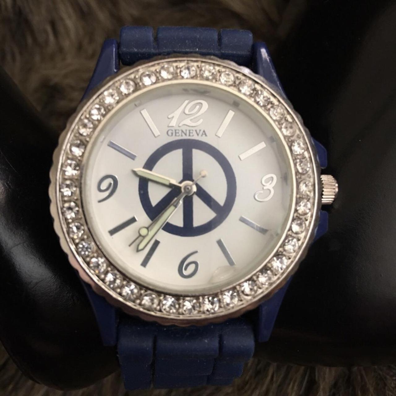Geneva Peace symbol blue silicone band rhinestone... - Depop
