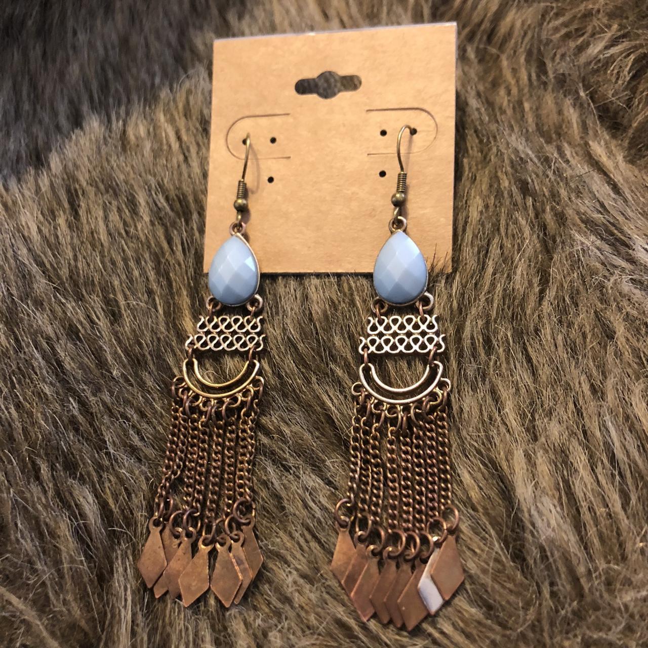 Medieval style brass turquoise fringe earrings,... - Depop