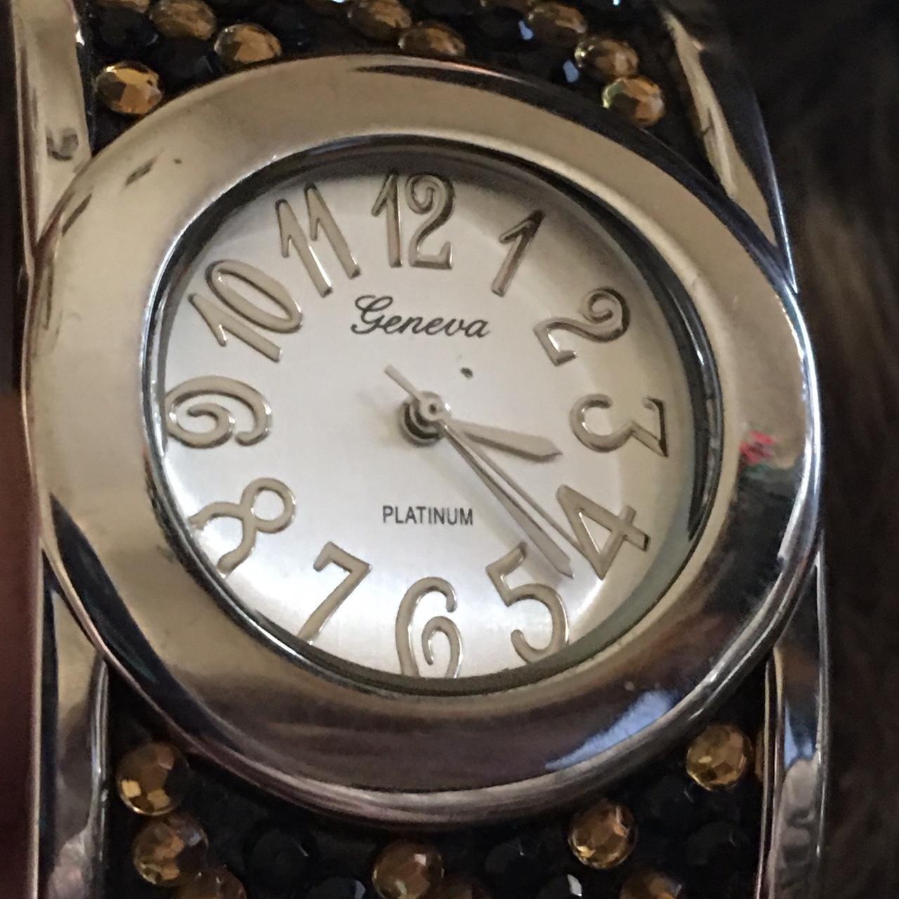 Geneva Platinum black & gold rhinestone cuff watch,... - Depop