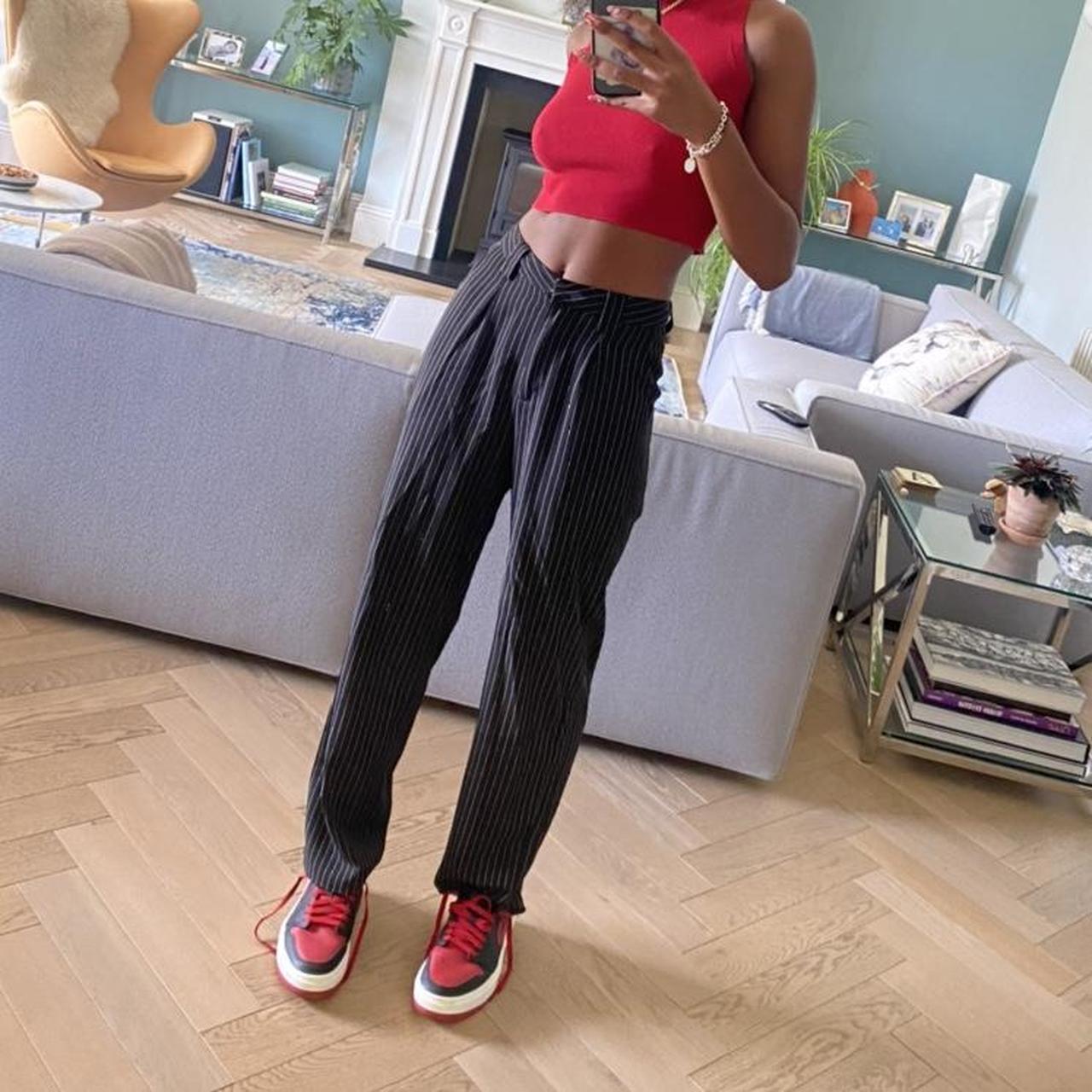 dankk black pinstripe wide leg trousers super... - Depop