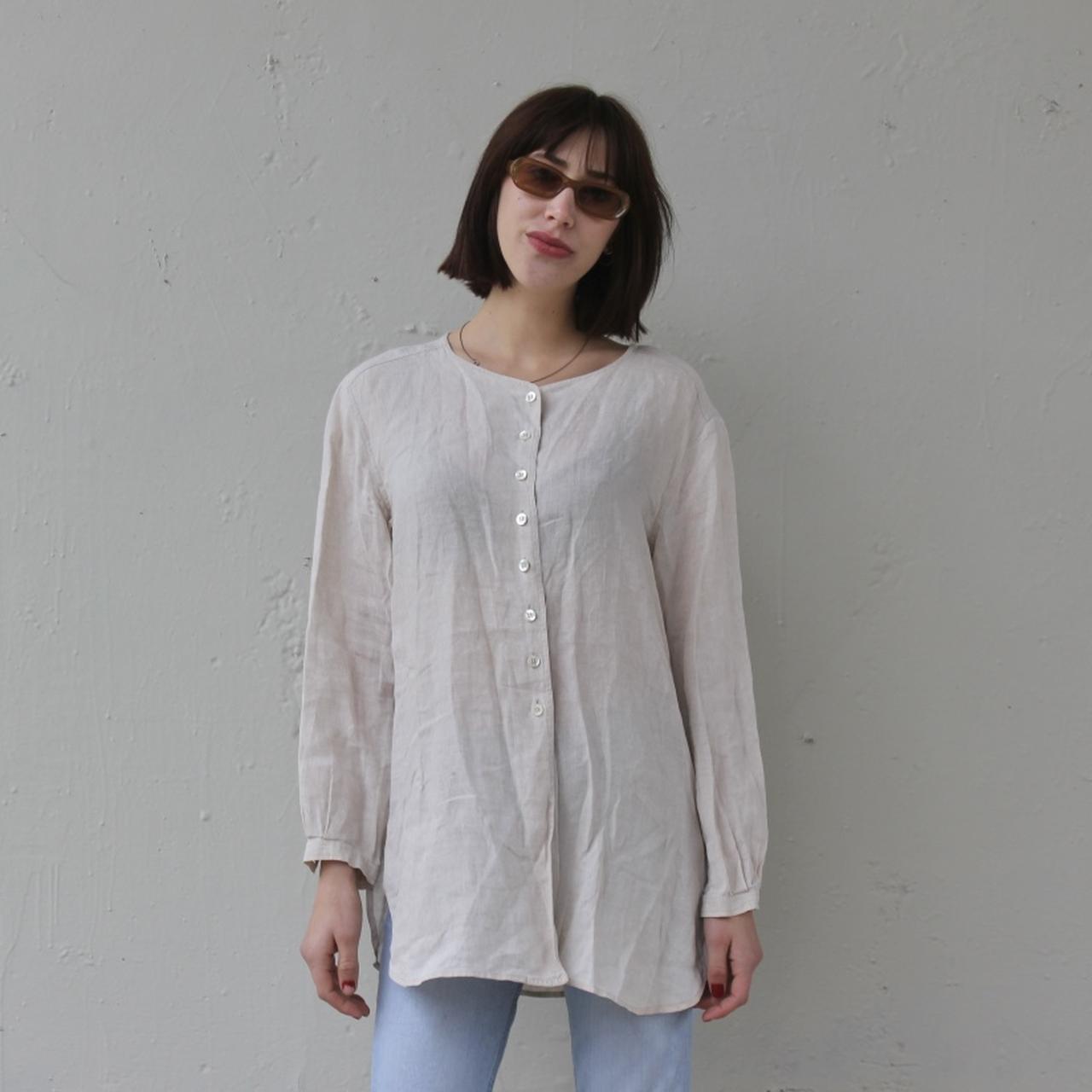 VINTAGE 100% SAND LINEN ECRU OVERSIZED FLOWY MINIMAL... - Depop