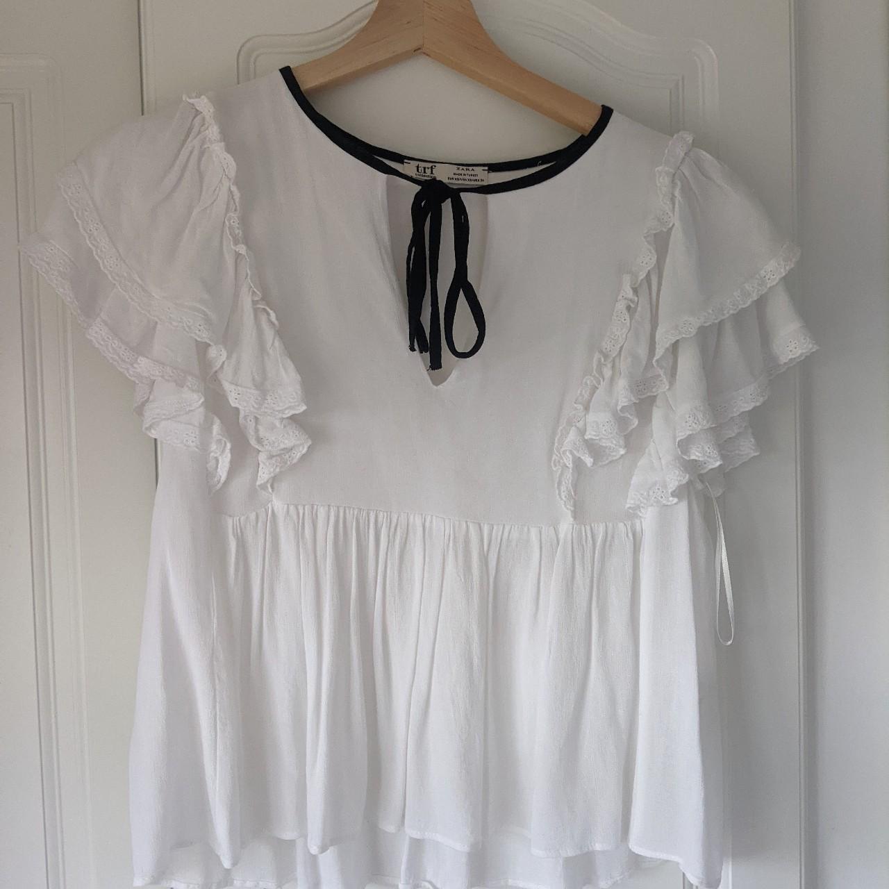 Zara White Frilly/Ruffle Top/Blouse with tie neck -... - Depop
