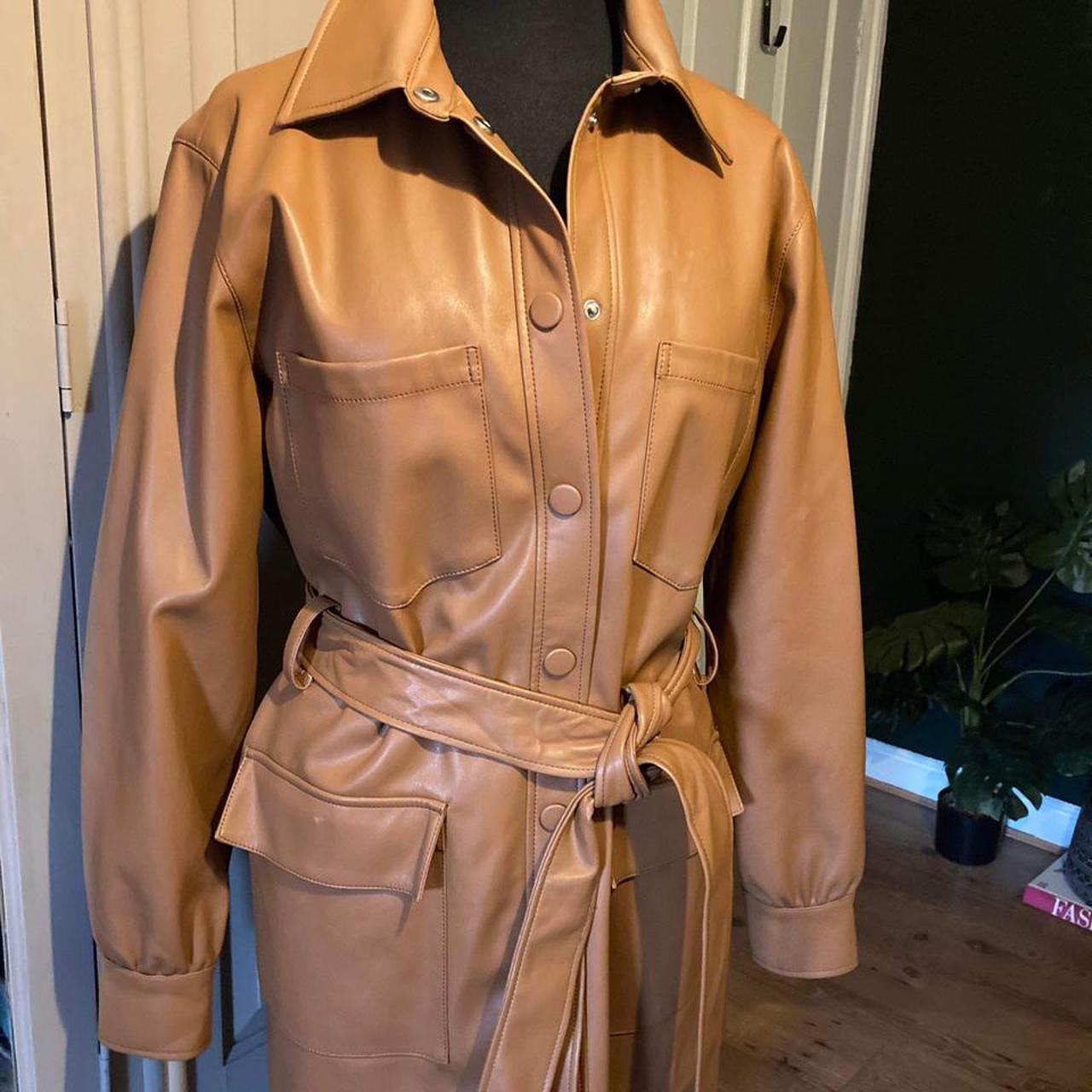 HM tan pleather jacket with tie belt, worn but in... - Depop