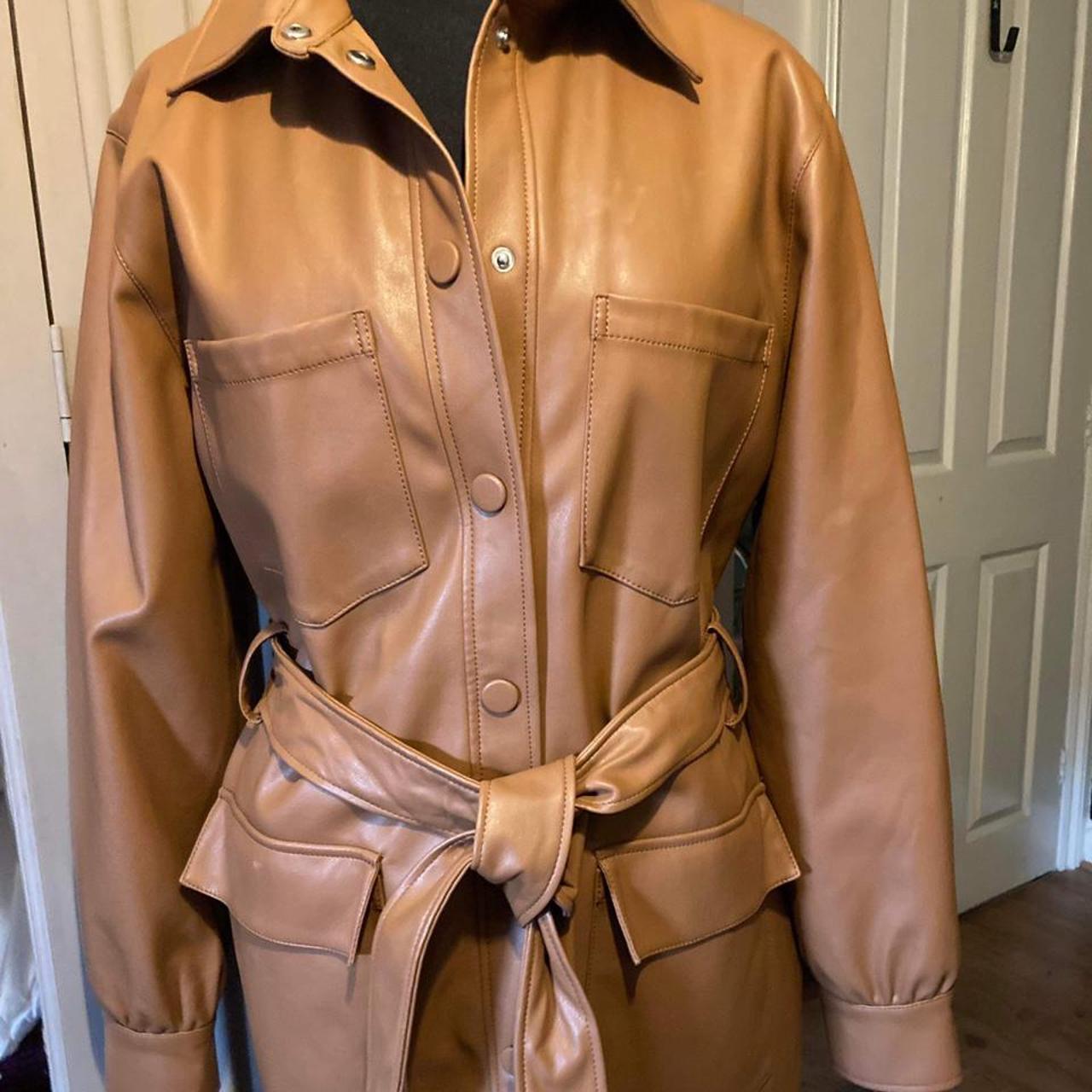 HM tan pleather jacket with tie belt, worn but in... - Depop