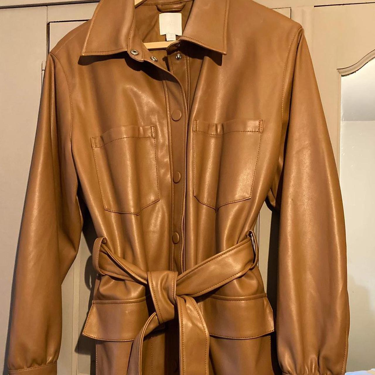 HM tan pleather jacket with tie belt, worn but in... - Depop