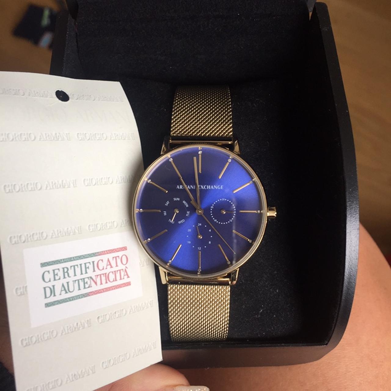 Armani exchange navy blue face gold mesh wrist watch... - Depop