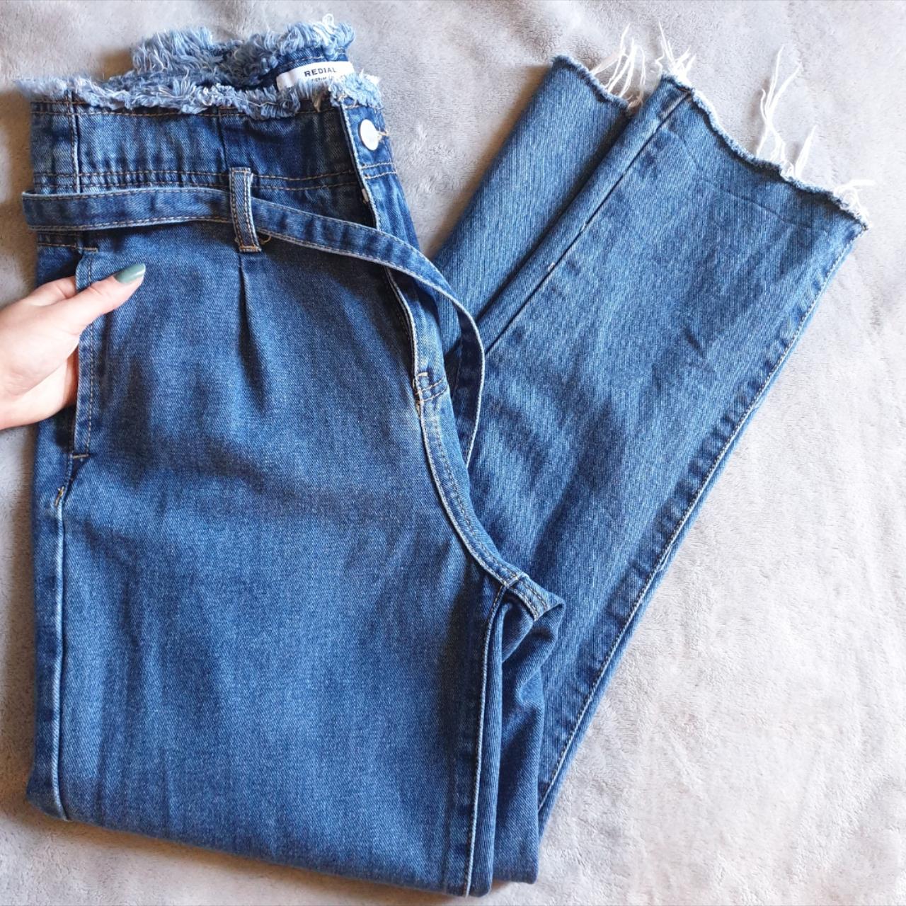 Blue tie waist paper bag high waist raw hem mom... - Depop