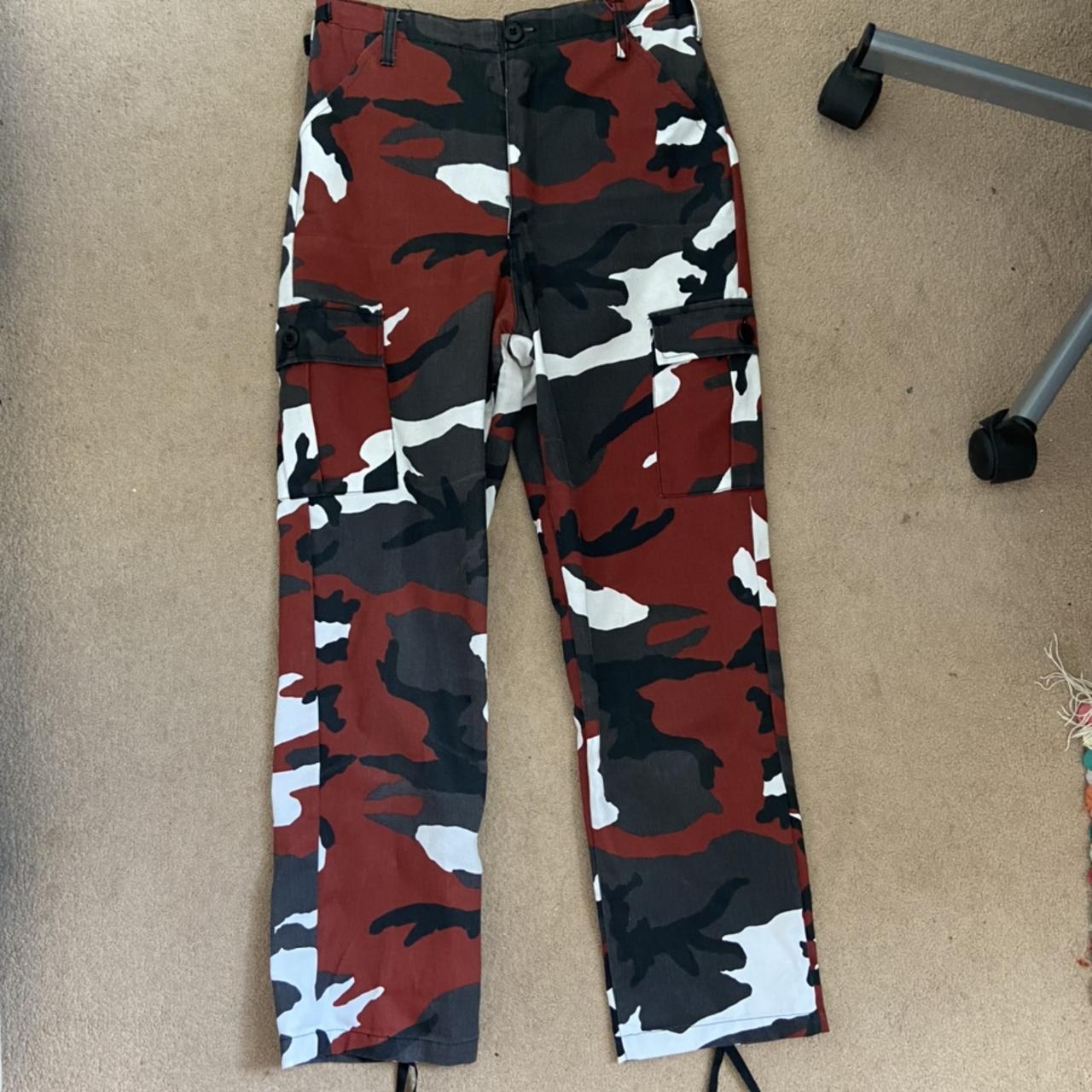Urban Outfitters red camo trousers, waist 26-30... - Depop