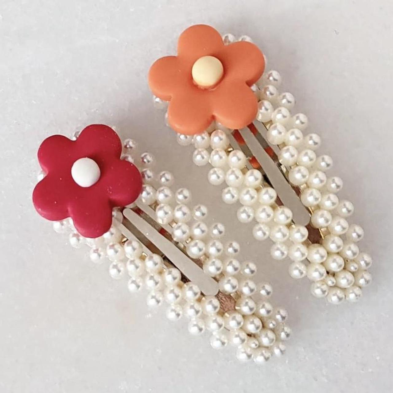 faux #pearl barrettes w red & orange floral... | Depop