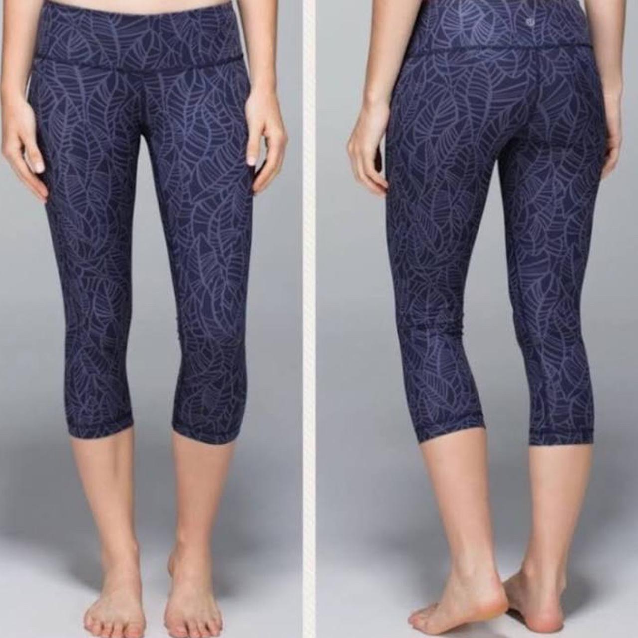 Cropped navy blue leaf patterned lululemon... - Depop