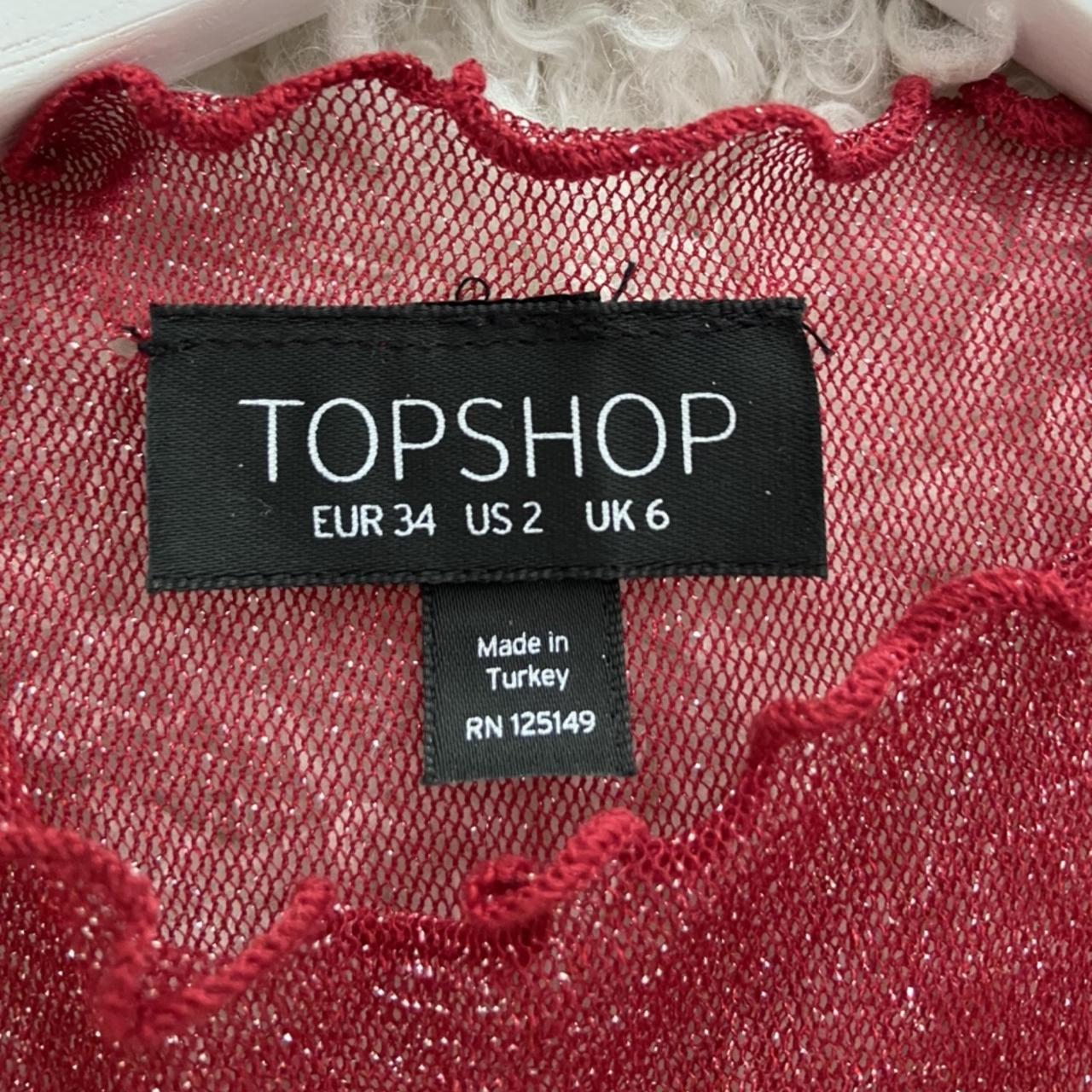 topshop red sparkly sheer mesh lettuce hem top -... - Depop
