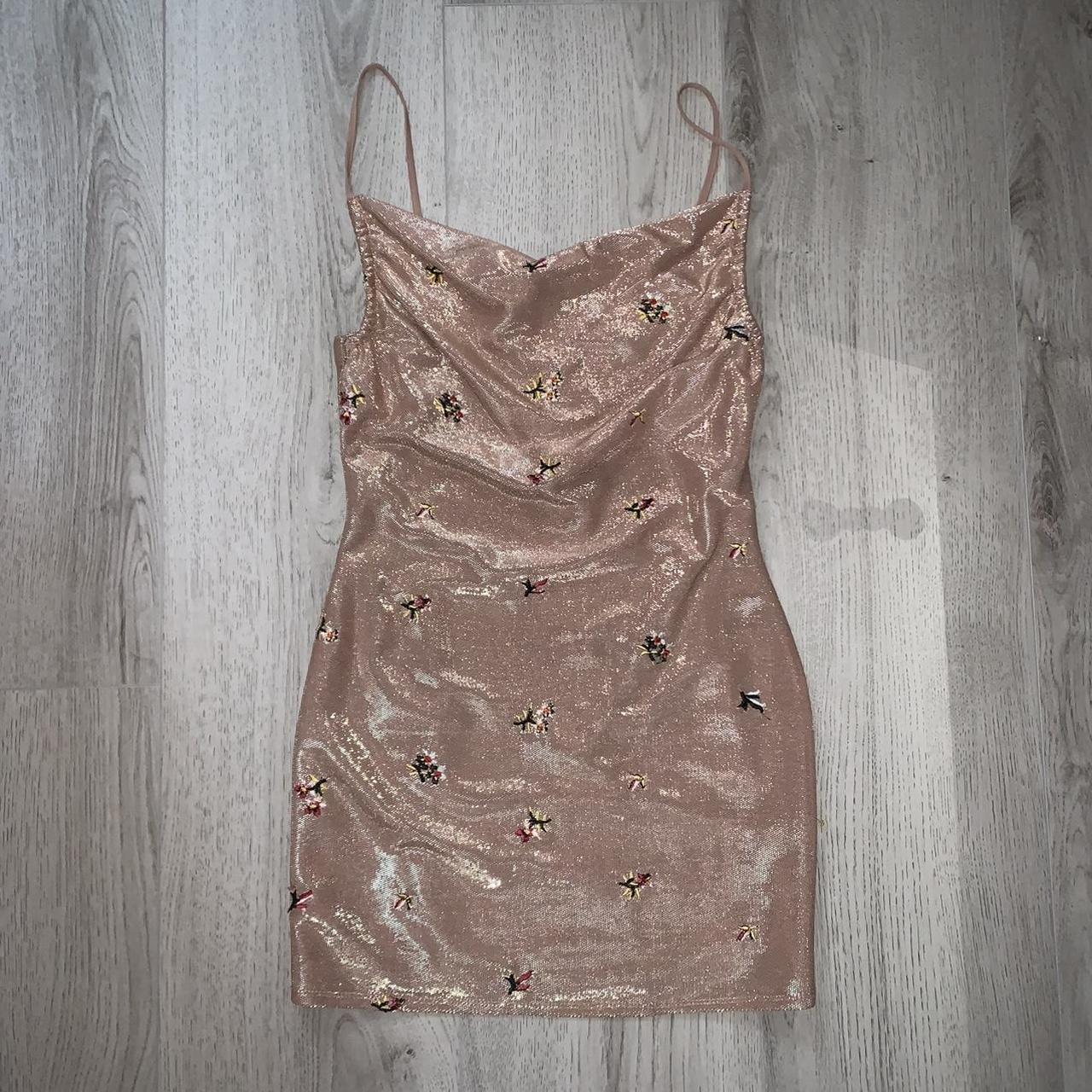 Gorgeous rose gold mini dress with flower details... - Depop